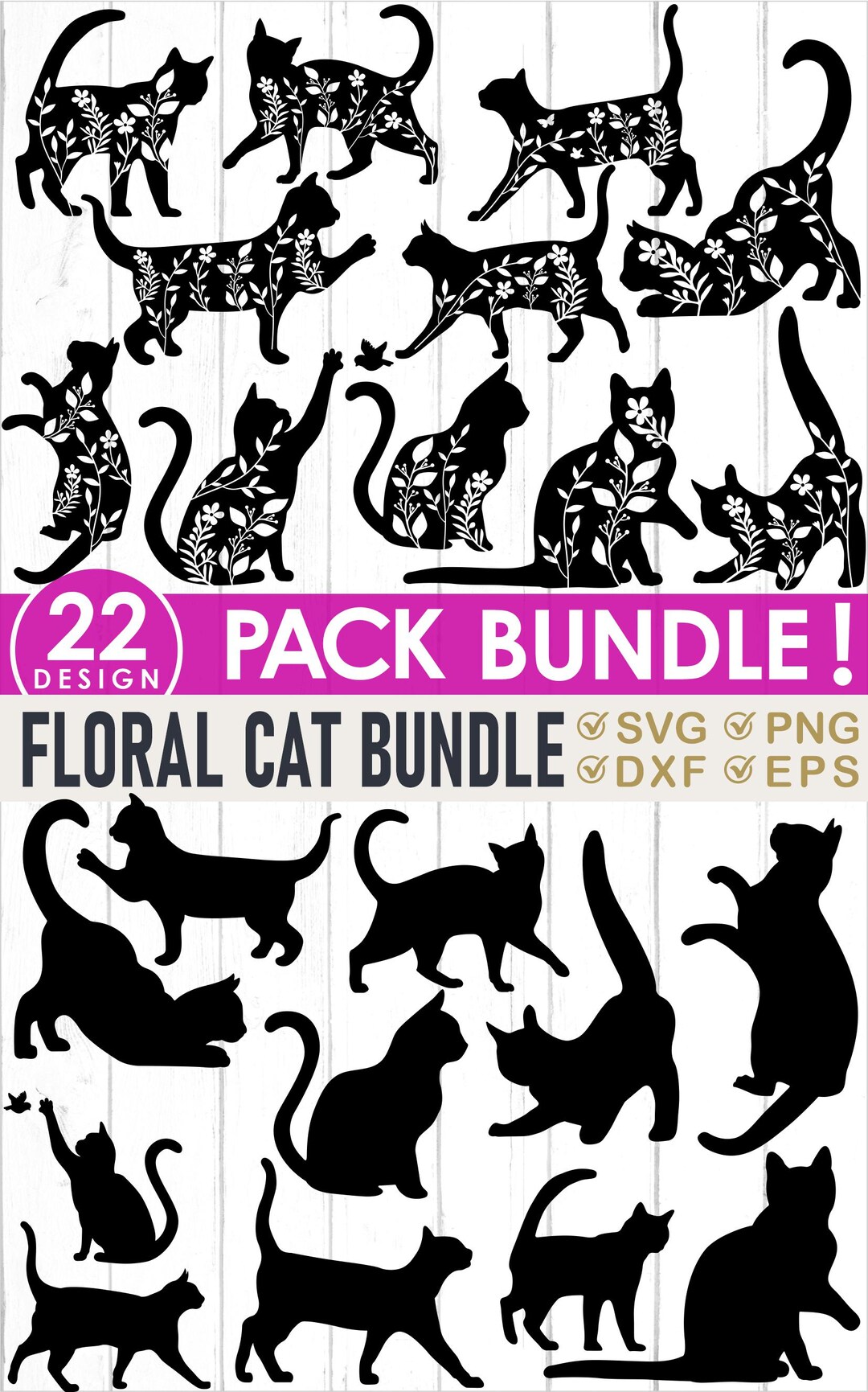 Floral Cat Svg Bundle, Cat Svg Files, Wildflower Cat Clipart, Floral ...