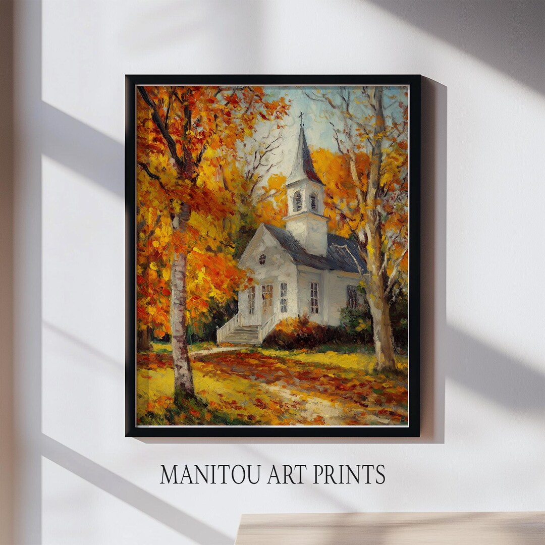 Vintage New England Church in Autumn - Printable Oil Painting, Rustic ...