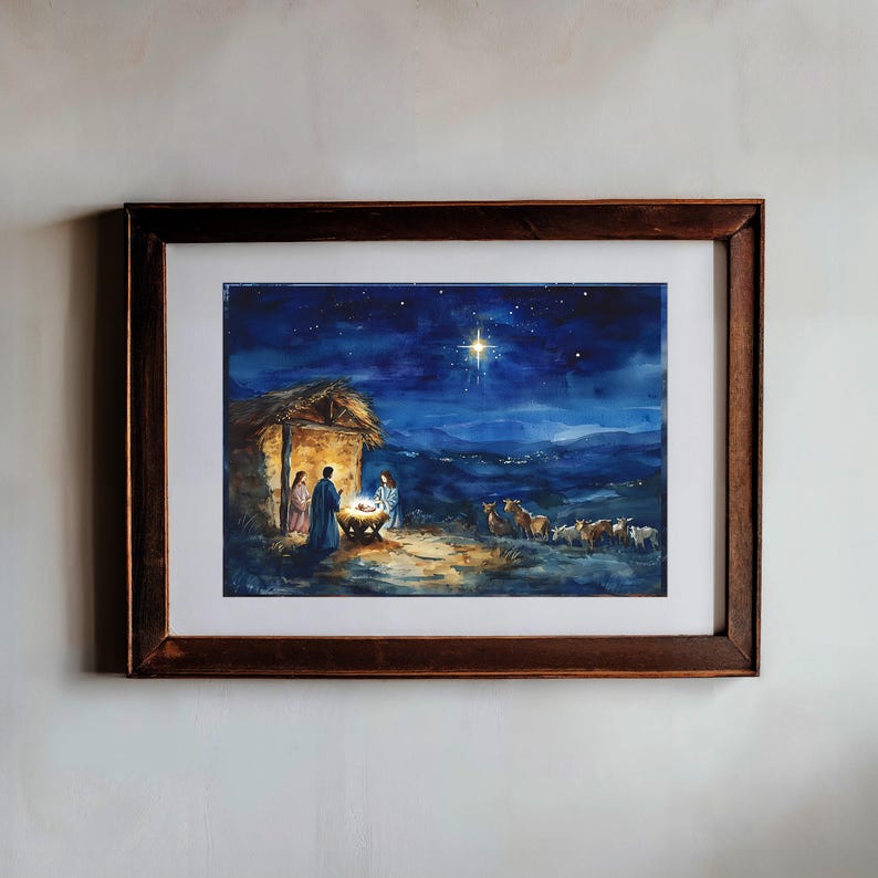 Starry Night Nativity Scene - Printable Christmas Wall Art, Rustic ...