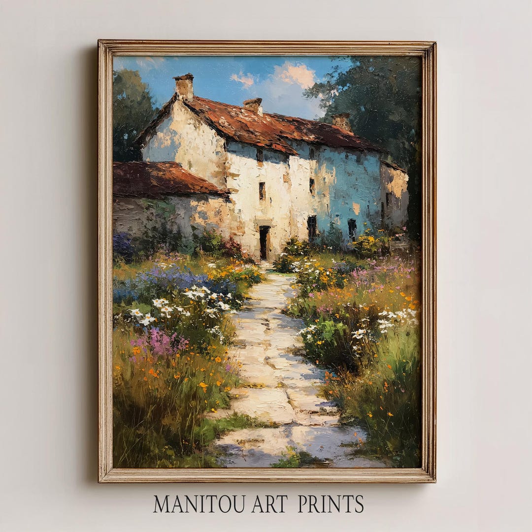 Rustic White Cottage Painting, Vintage Countryside Art, Cozy ...