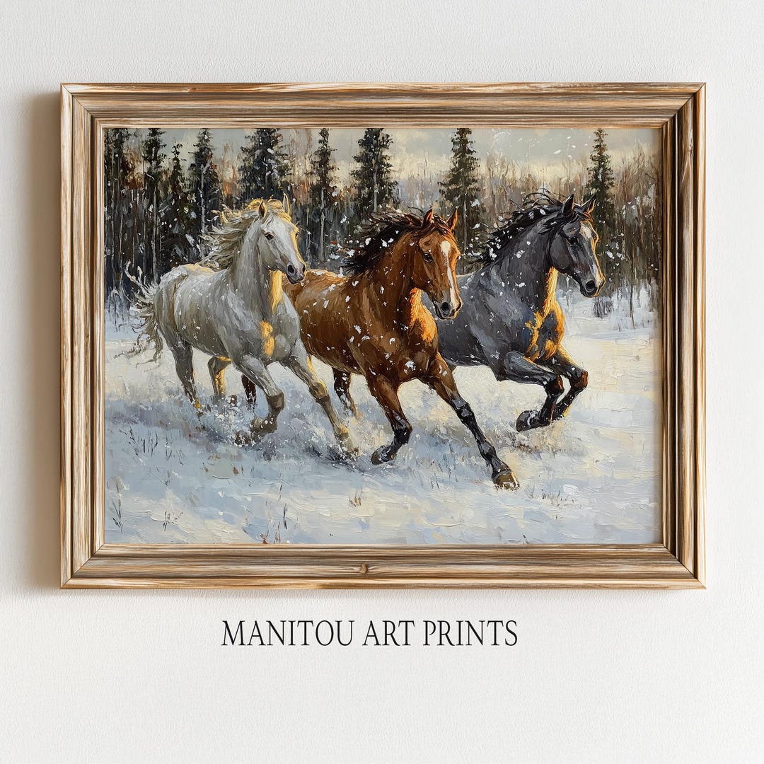Wintry Galloping Horses Art Print - Rustic Farmhouse Winter Painting ...