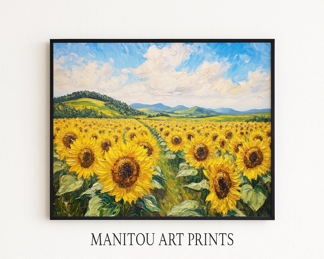 Rustic Sunflower Field Print - Summer Landscape Art, Bright Sky ...