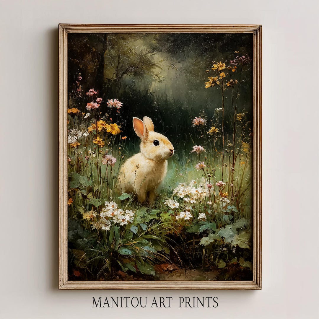 Vintage Cottagecore Bunny in Meadow - Cute Impressionistic Style ...