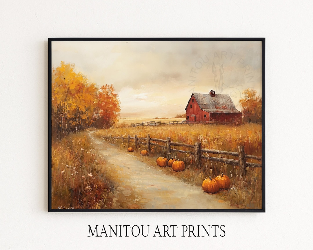 Vintage Farmhouse Autumn Wall Art - Rustic Country Scene, Oil Painting ...