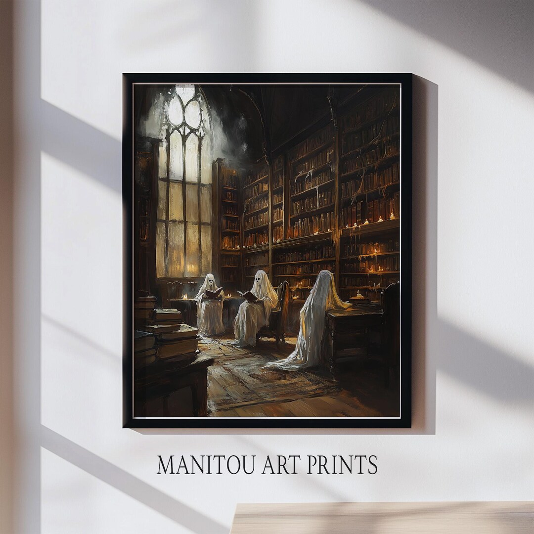 Vintage Library Interior Painting - Rustic Wooden Shelves Art, Moody ...