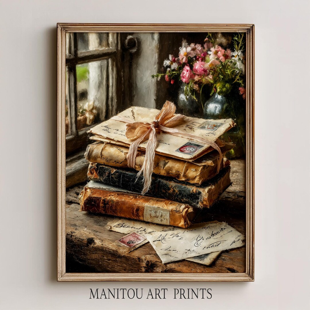 Nostalgic Vintage Letters and Books Painting - Cozy Warm Decor ...