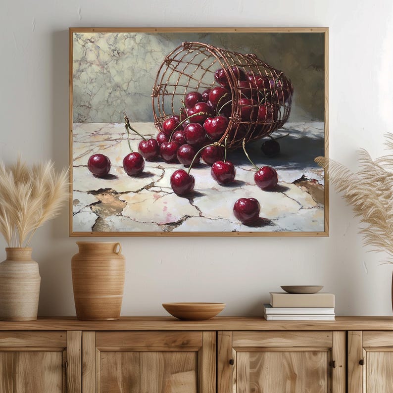 Rustic Cherry Still Life Printable - Vintage Fruit Art, Spilled ...
