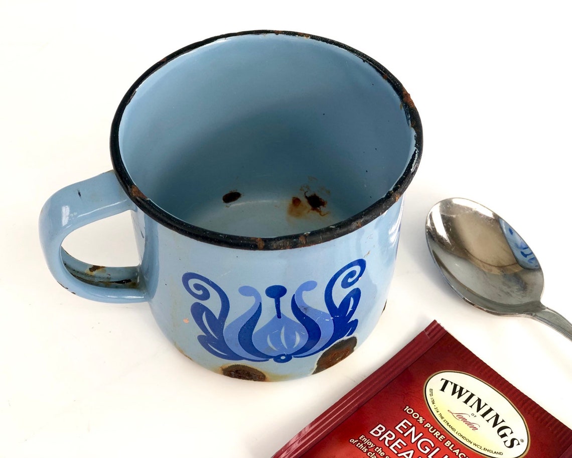 Vintage Rusty Enamelware Mug With Flower Design Coffee Cup - Etsy