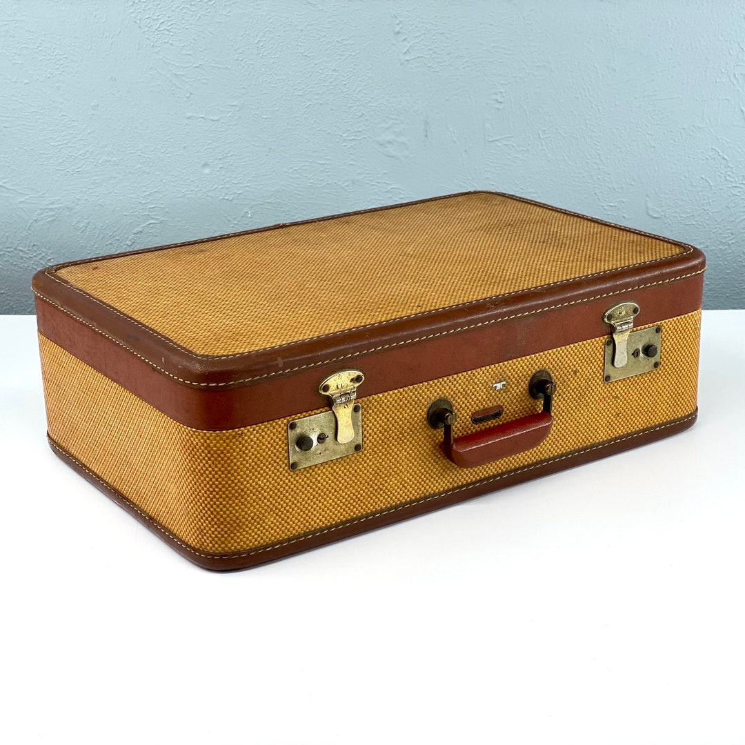 Vintage Tweed Suitcase With Brown Leather Trim, Good Condition (see ...