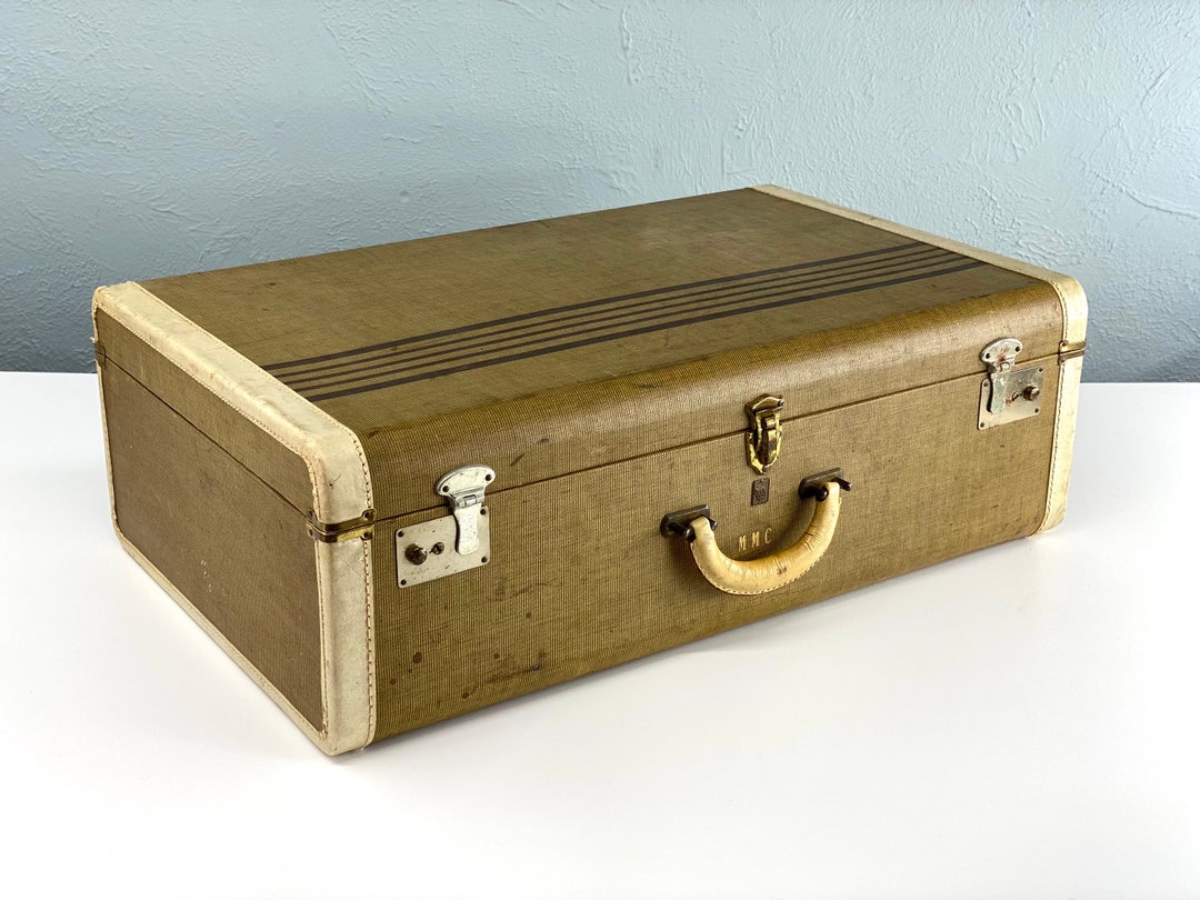 Vintage Extra Large Striped Tweed Suitcase, Stacking Luggage Bottom, US ...