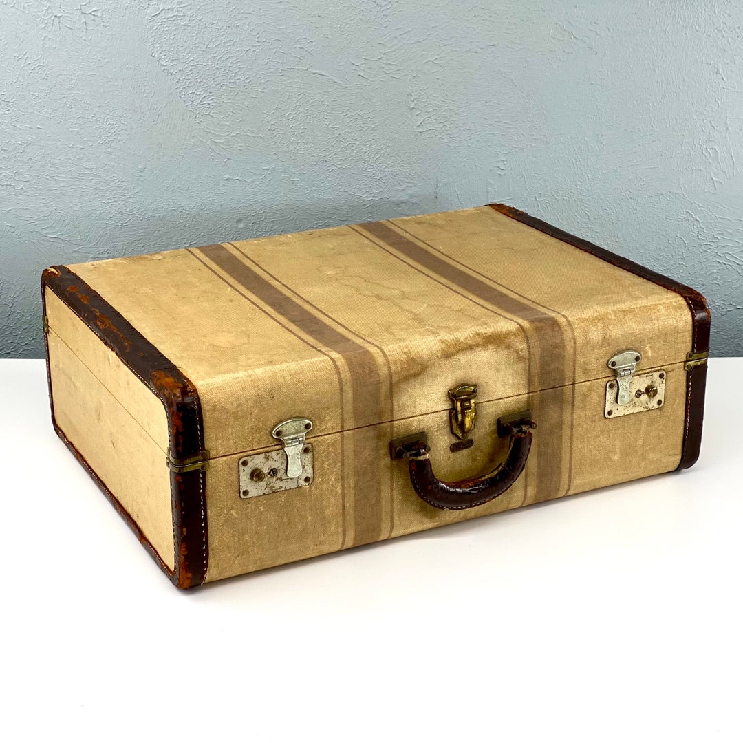 Antique Large Striped Tweed Suitcase by Travel Joy With Leather Trim ...