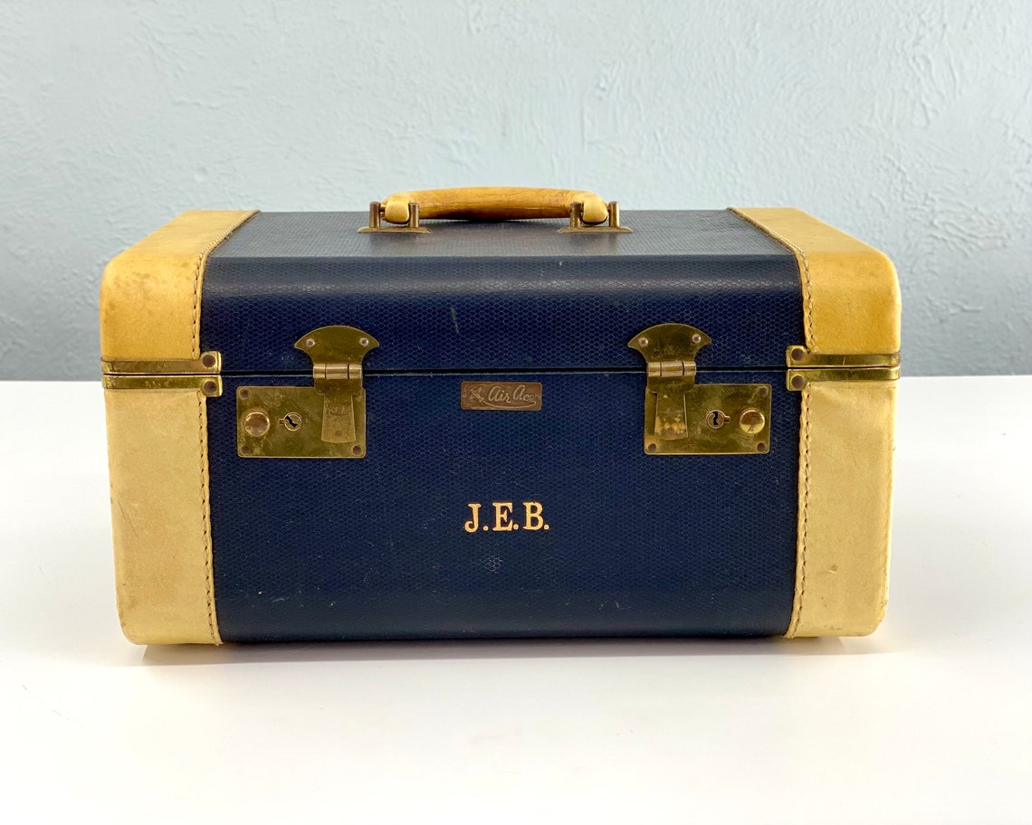 Vintage Blue Two Tone Train Case With Leather Trim and Handle, by Air ...