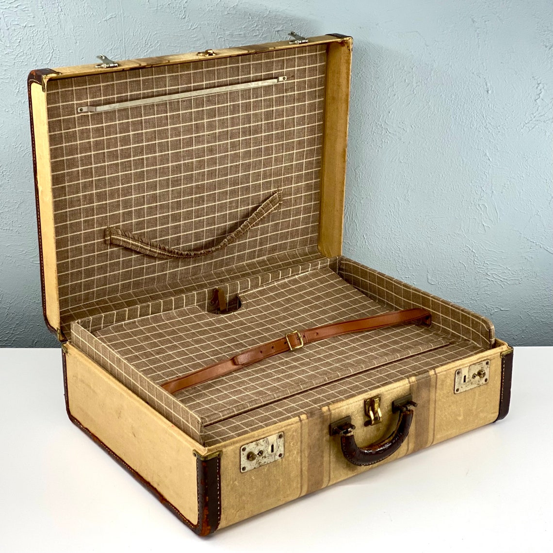 Antique Large Striped Tweed Suitcase by Travel Joy With Leather Trim ...