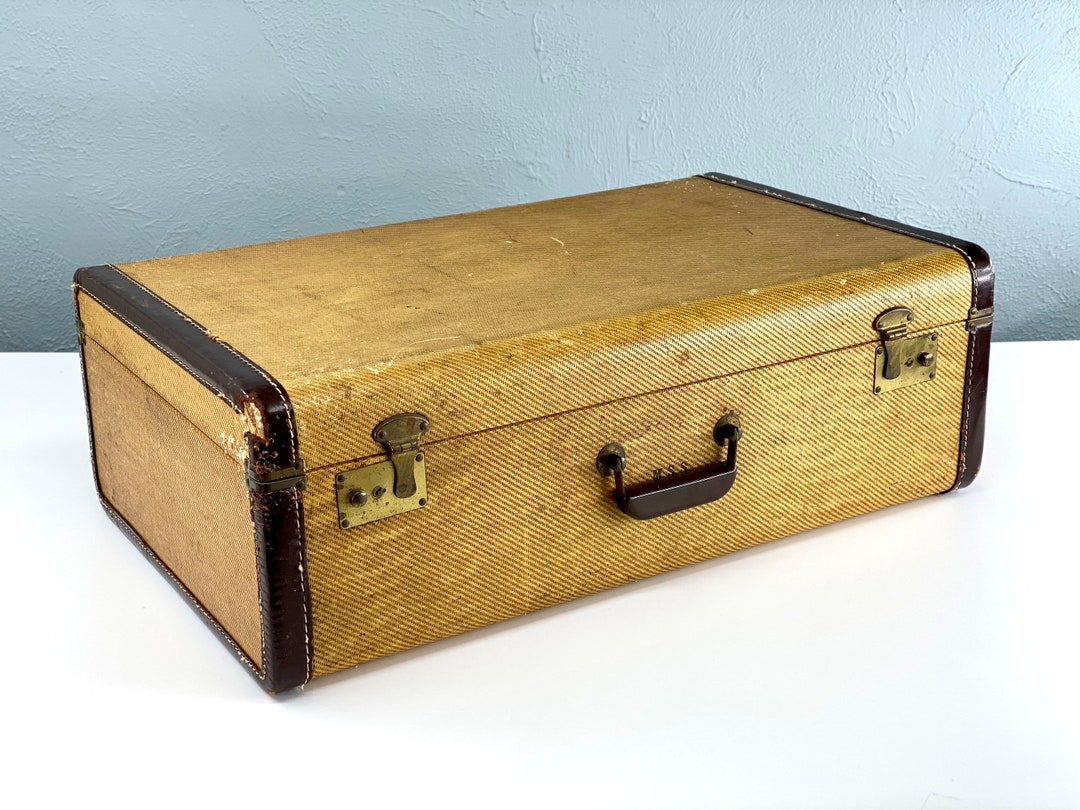 Vintage Large Tweed Suitcase With Leather Trim - Etsy