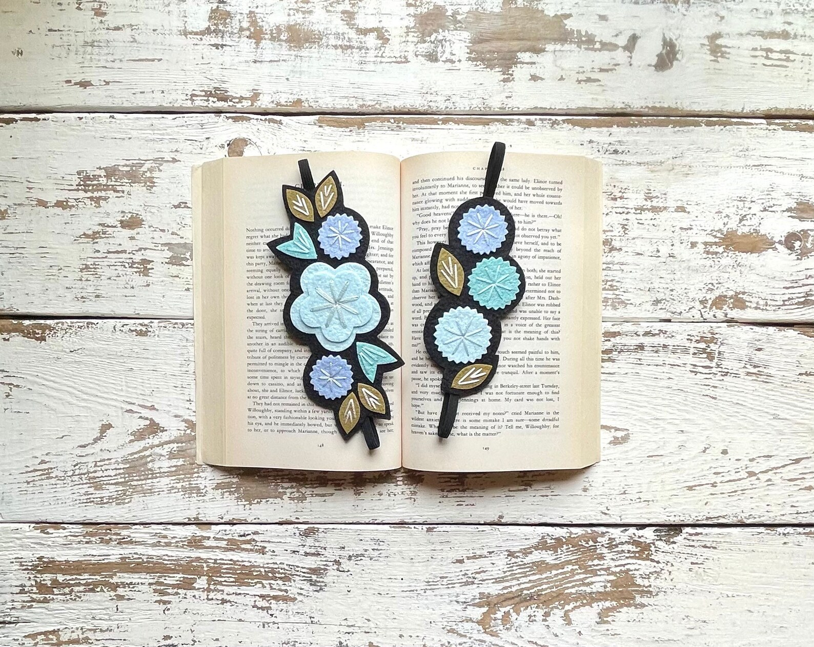 Hand Embroidered Blue Flower Bookmark. Elastic Band Ensures It Won't ...