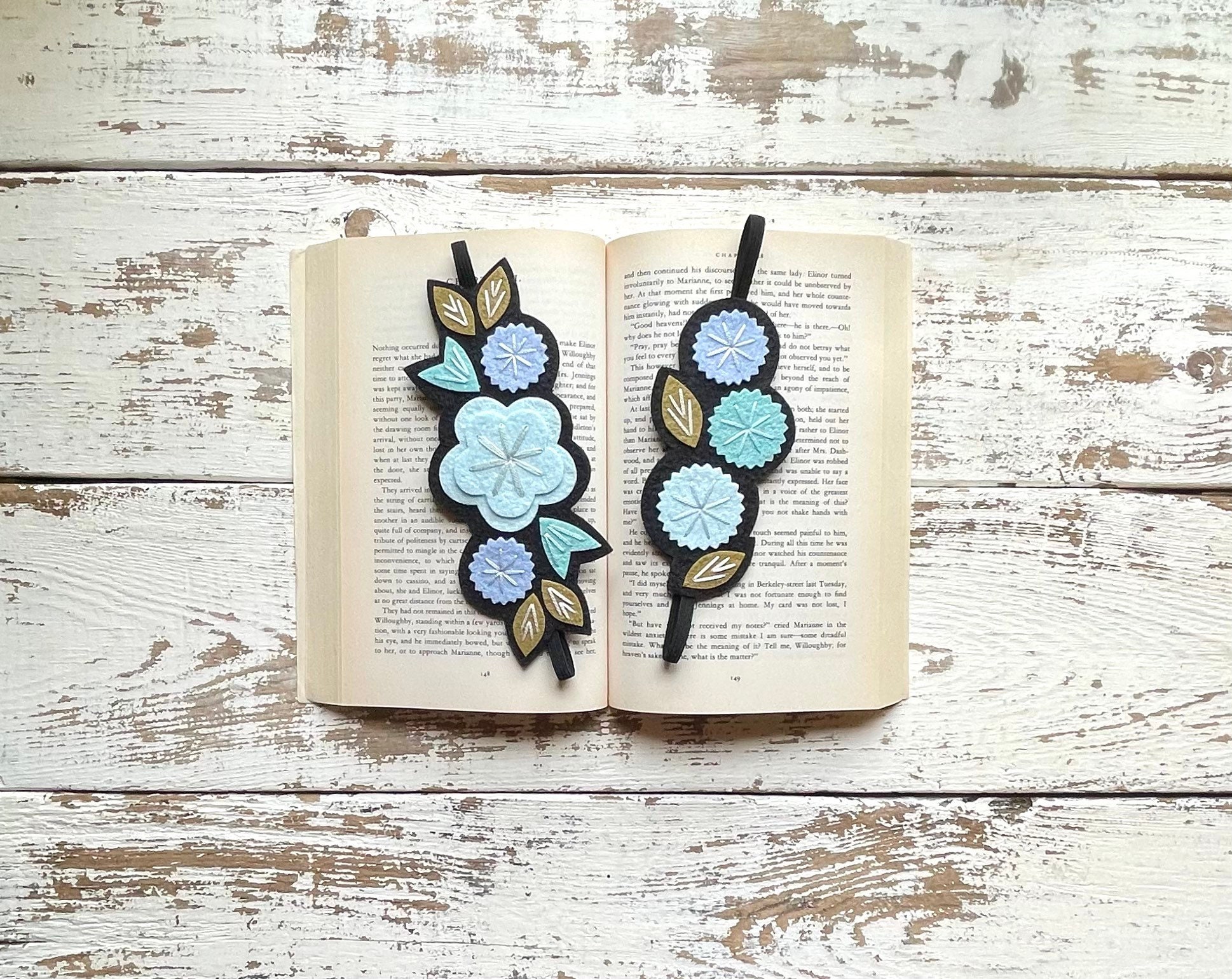 Hand Embroidered Blue Flower Bookmark. Elastic Band Ensures It Won't ...