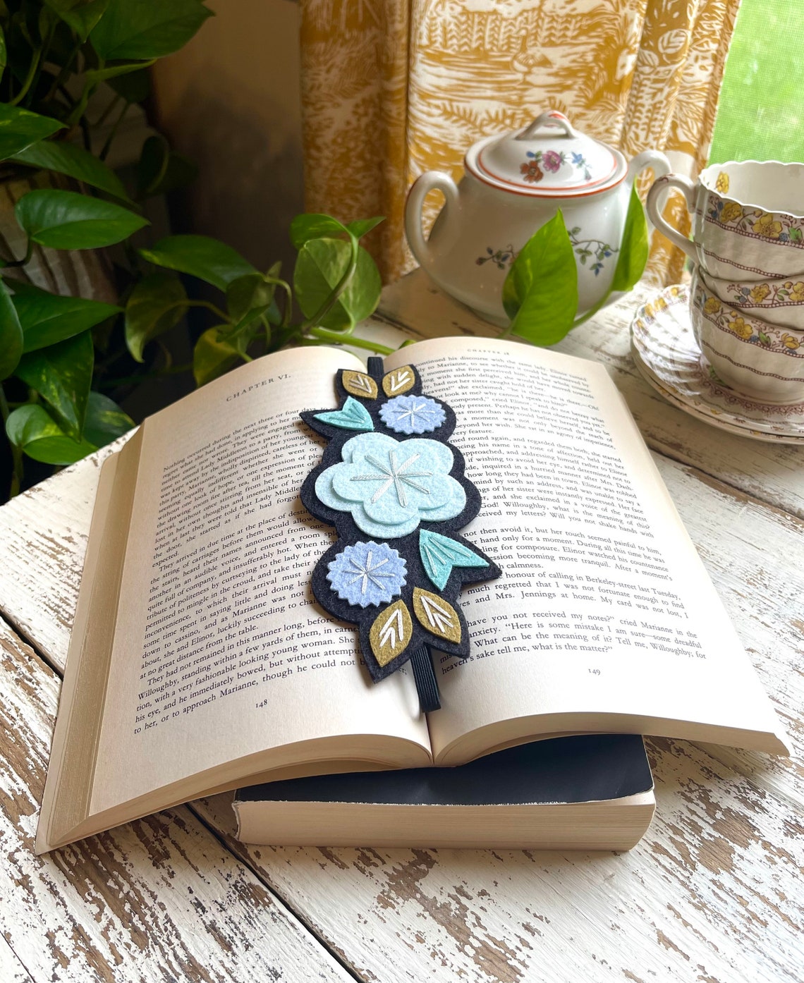 Hand Embroidered Blue Flower Bookmark. Elastic Band Ensures It Won't ...