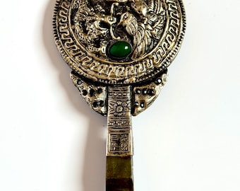 Antique Chinese Handheld Mirror With Jade Dragon Carving Handle and Owl ...
