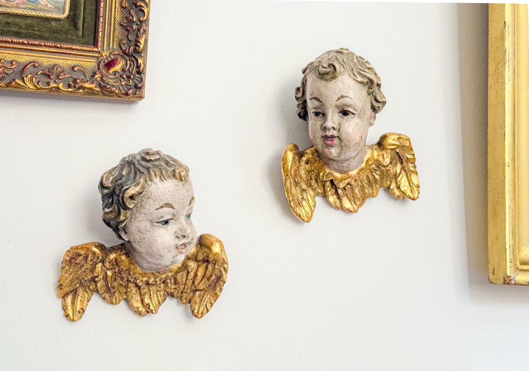 Pair of Antique Gilded Cherub Angel Heads: Baroque Polychrome Wood ...