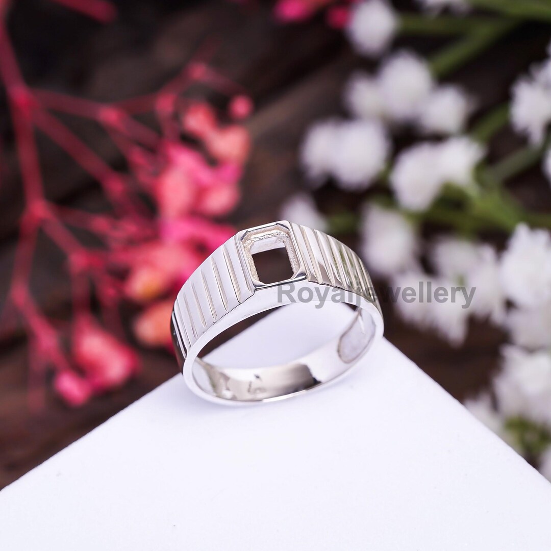 Sterling Silver Emerald Cut Semi Mount Ring: Grooved Band, DIY Gemstone ...
