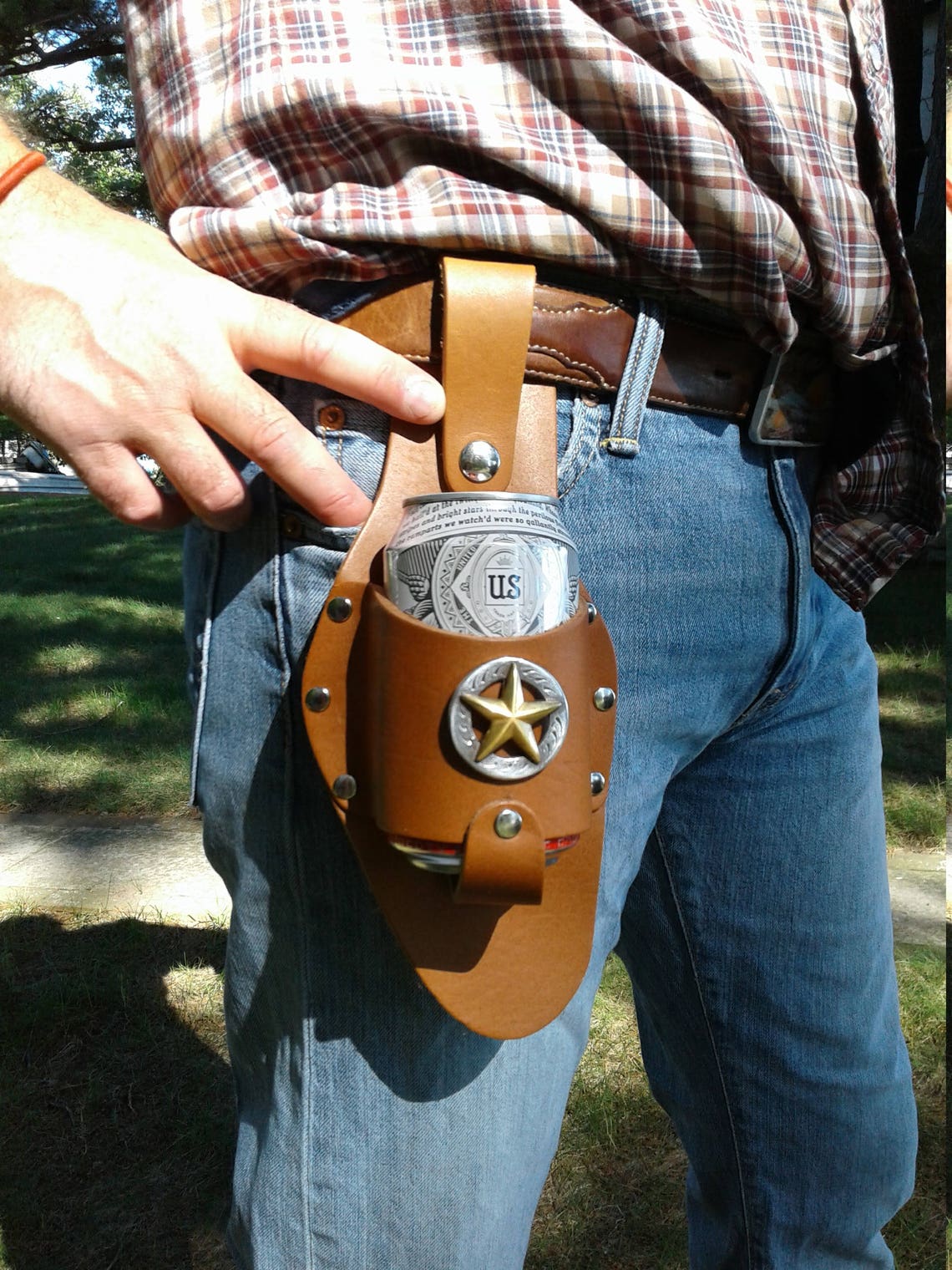 Leather Beer Holster With Gold and Silver Sheriff Star Concho - Etsy