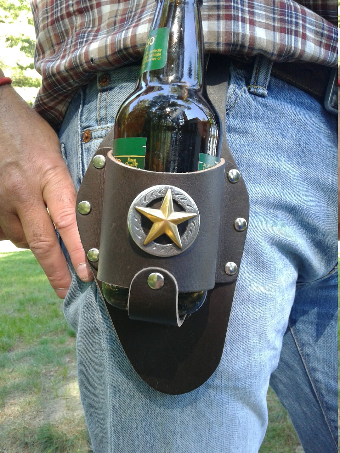 Leather Beer Holster With Gold and Silver Sheriff Star Concho - Etsy