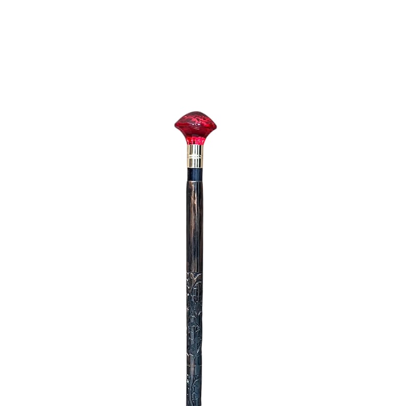 Walking Stick With Red Crystal Handle, Carved Dark Wood, Elegant Cane ...