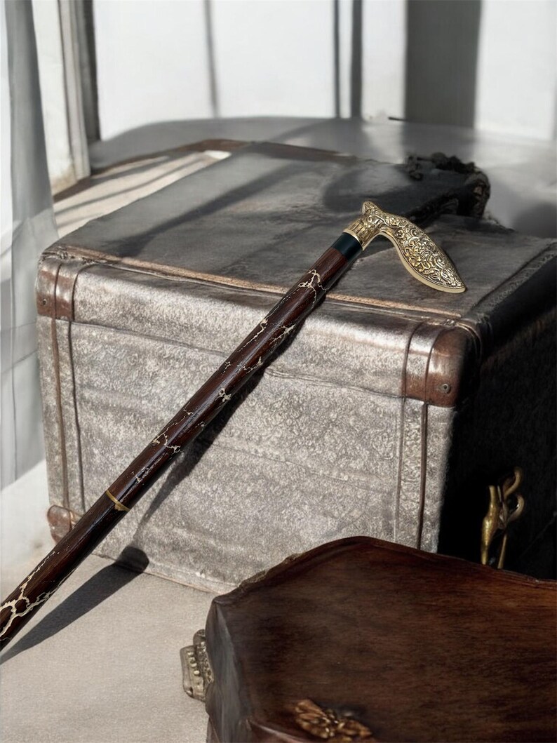 Vintage Brass Handle Walking Cane Wooden Stick Elegant Gentleman Cane ...