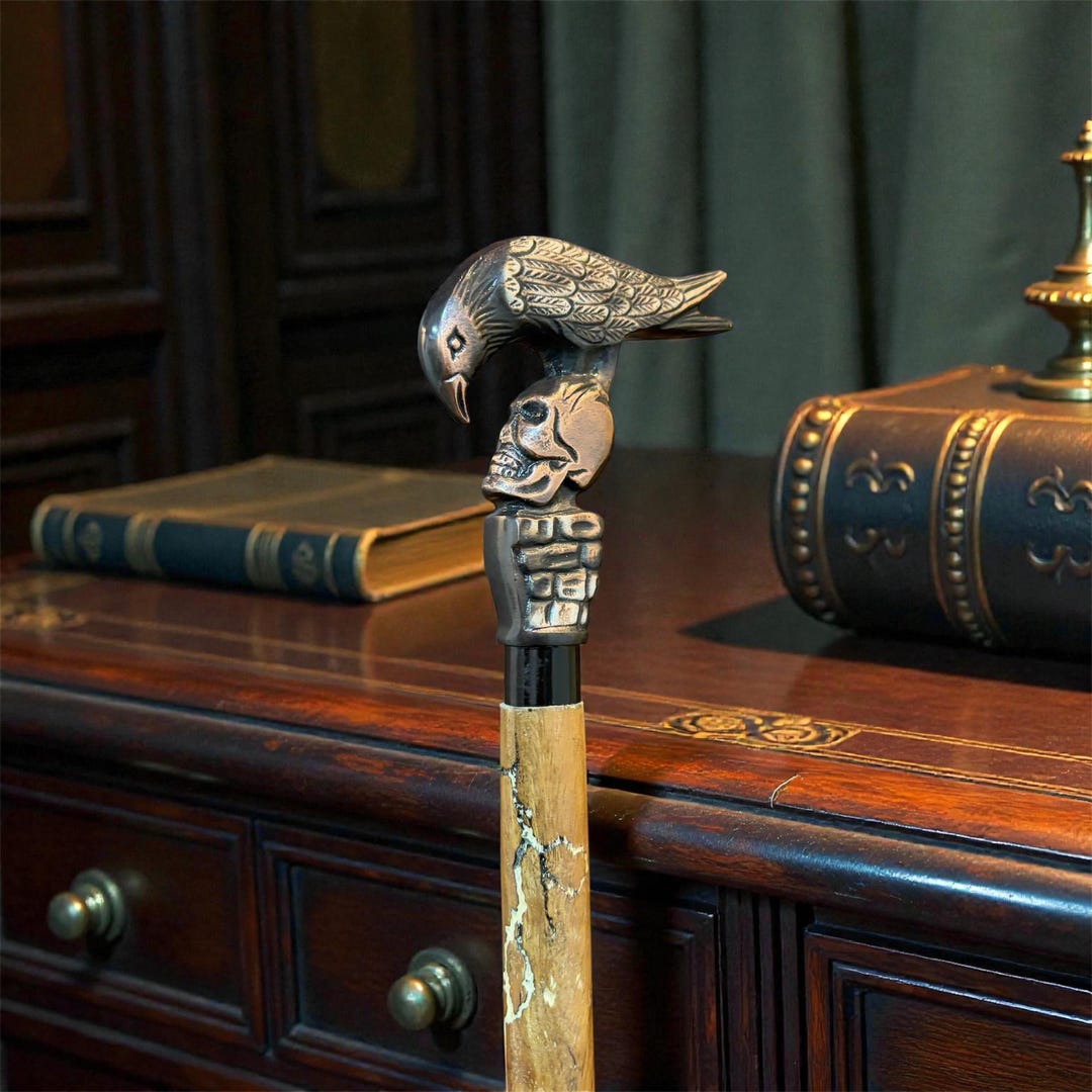 Gothic Raven Skull Walking Cane: Handmade Wooden Stick, Brass Handle ...