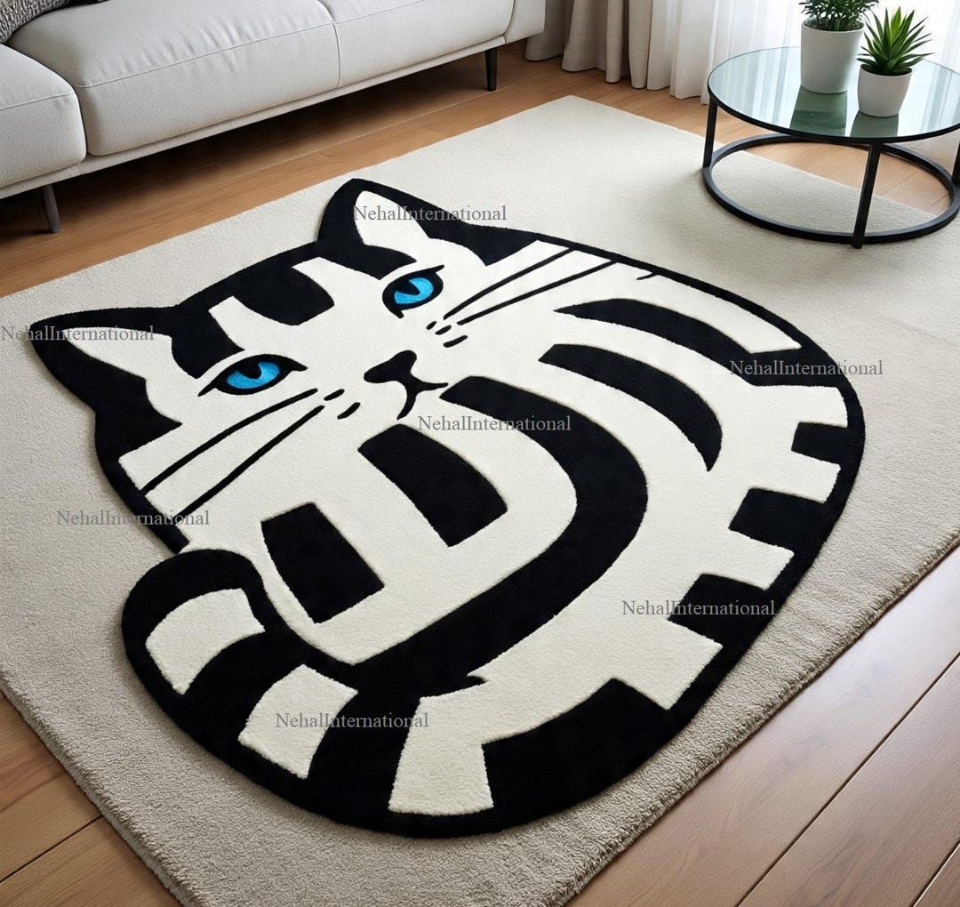 Hand-tufted Cat Shape Rug L Black & White Cat Rug L Modern Design 10x10 ...