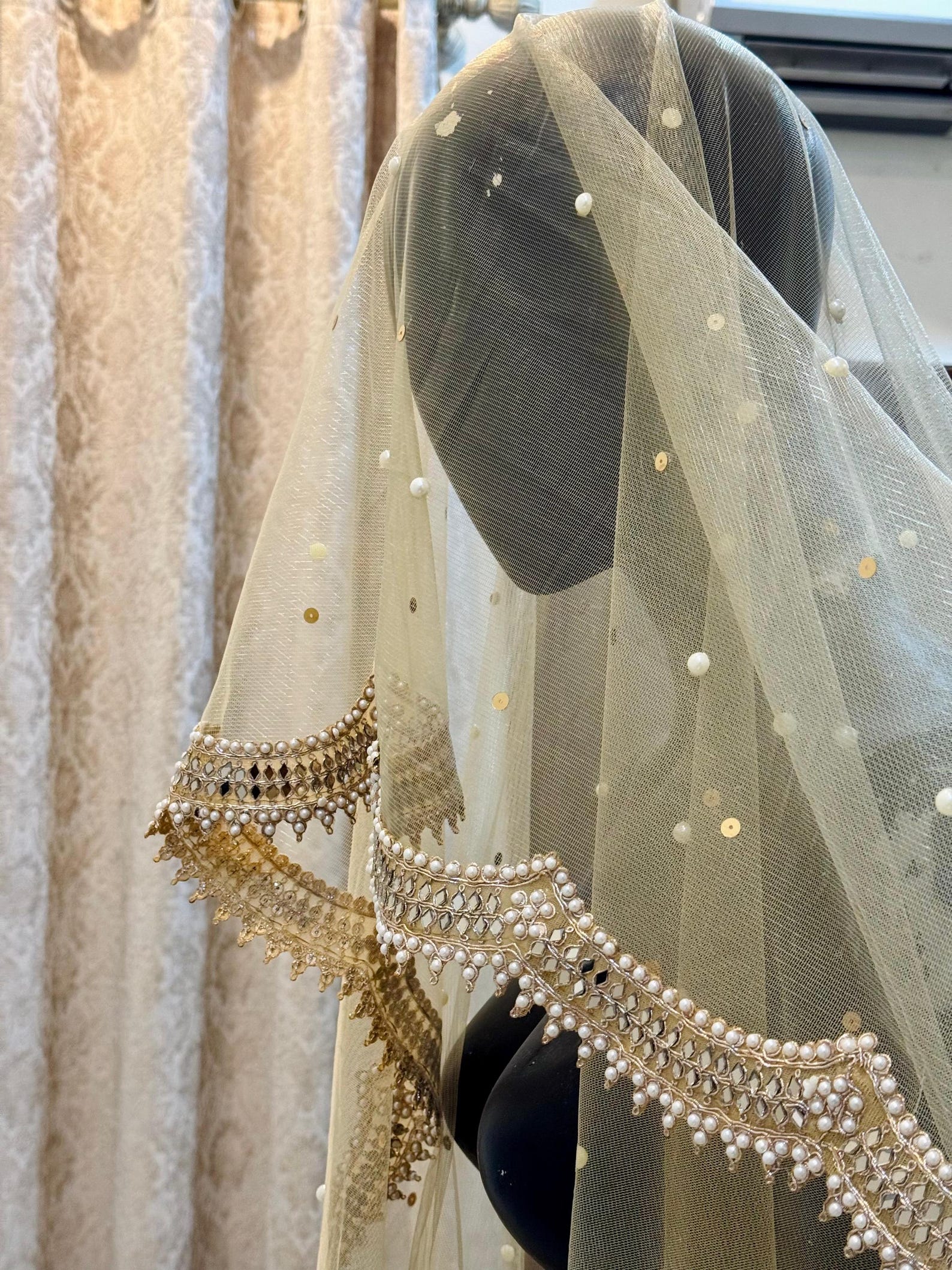 Gold Beaded Bridal Dupatta – Handmade Wedding Veil With Pearl & Sequin ...