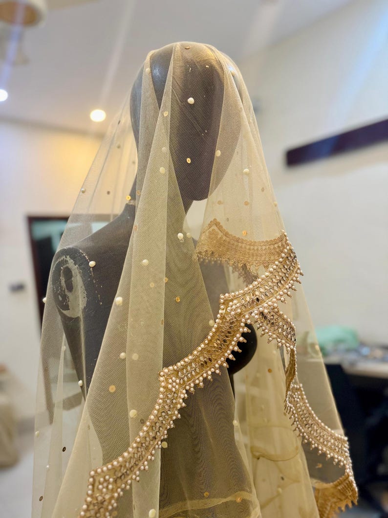 Gold Beaded Bridal Dupatta – Handmade Wedding Veil With Pearl & Sequin ...