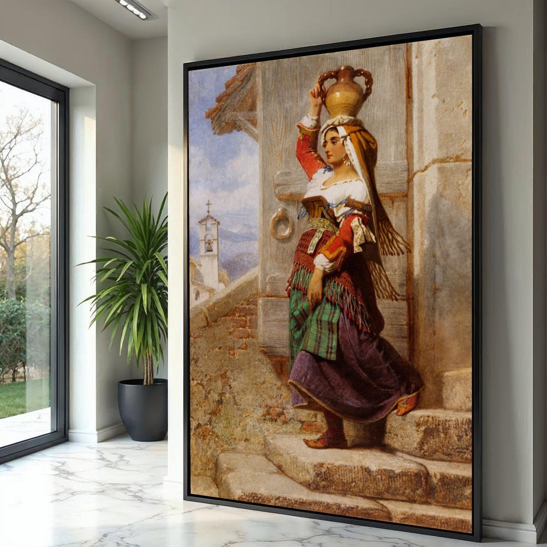 Traditional Woman Carrying Water Jar Canvas, Mediterranean Folk Art ...