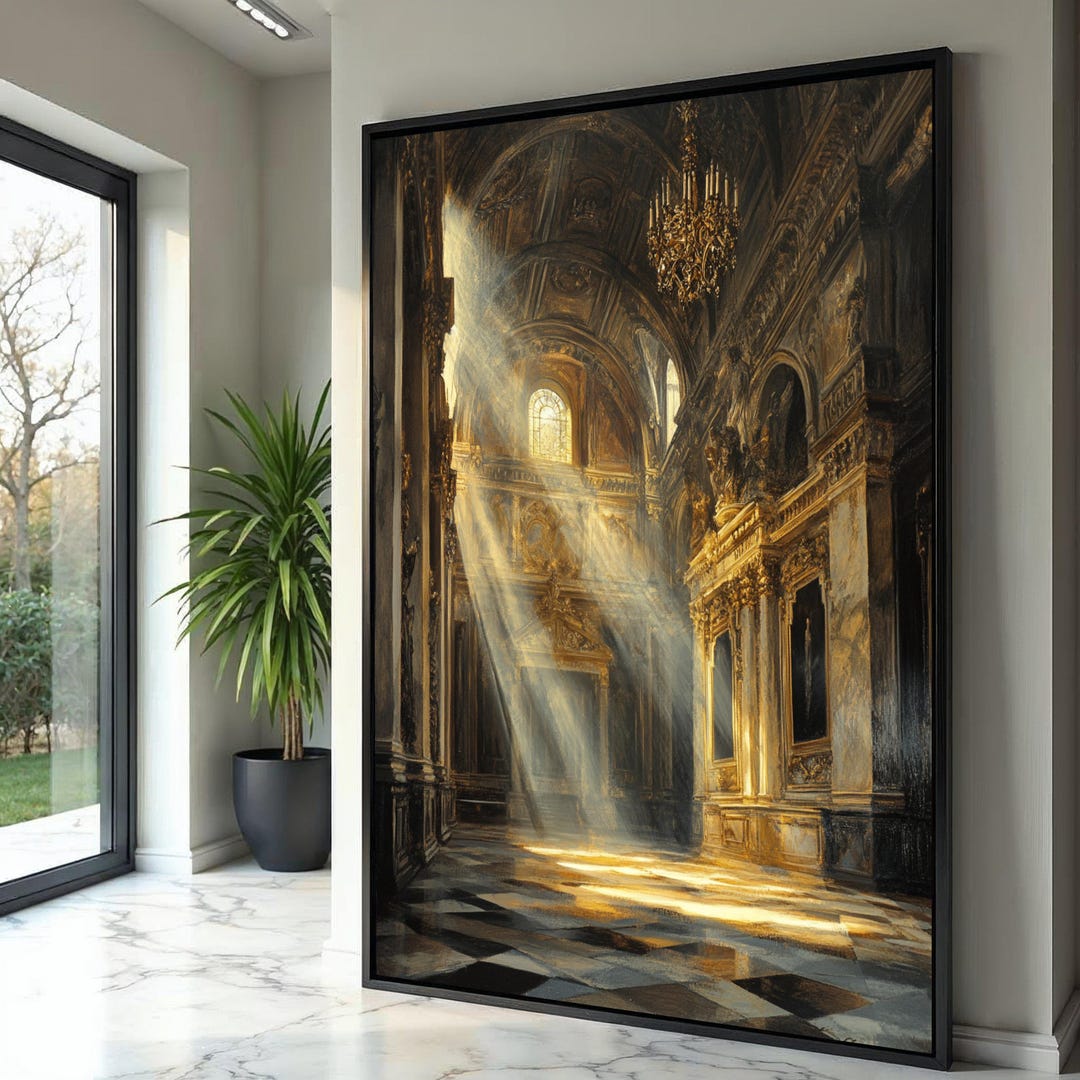 Majestic Sunlit Cathedral Interior, Baroque Architecture Canvas, Golden ...