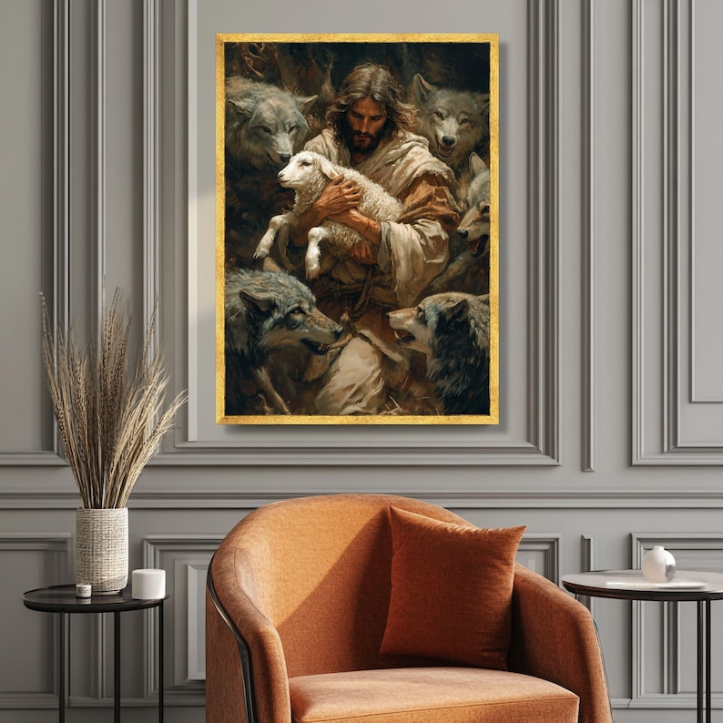 Jesus Holding Lamb With Wolves Surrounding, Spiritual Canvas Wall Art ...