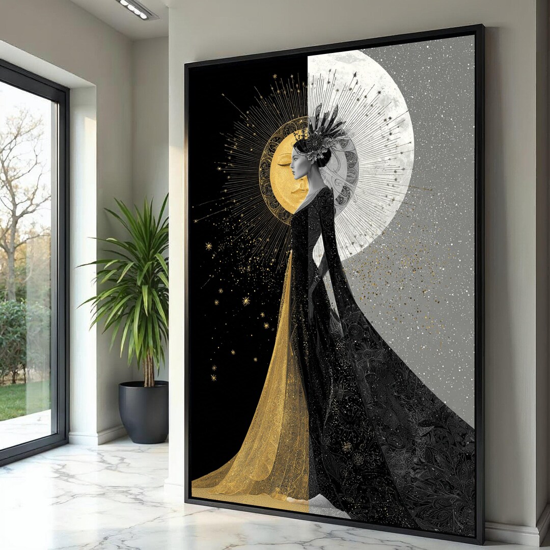 Elegant Moon and Sun Goddess Canvas, Black and Gold Fantasy Wall Art ...