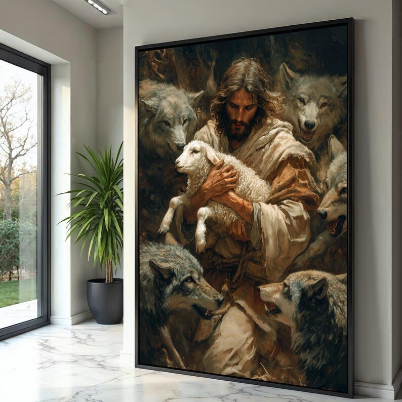 Jesus Holding Lamb With Wolves Surrounding, Spiritual Canvas Wall Art ...
