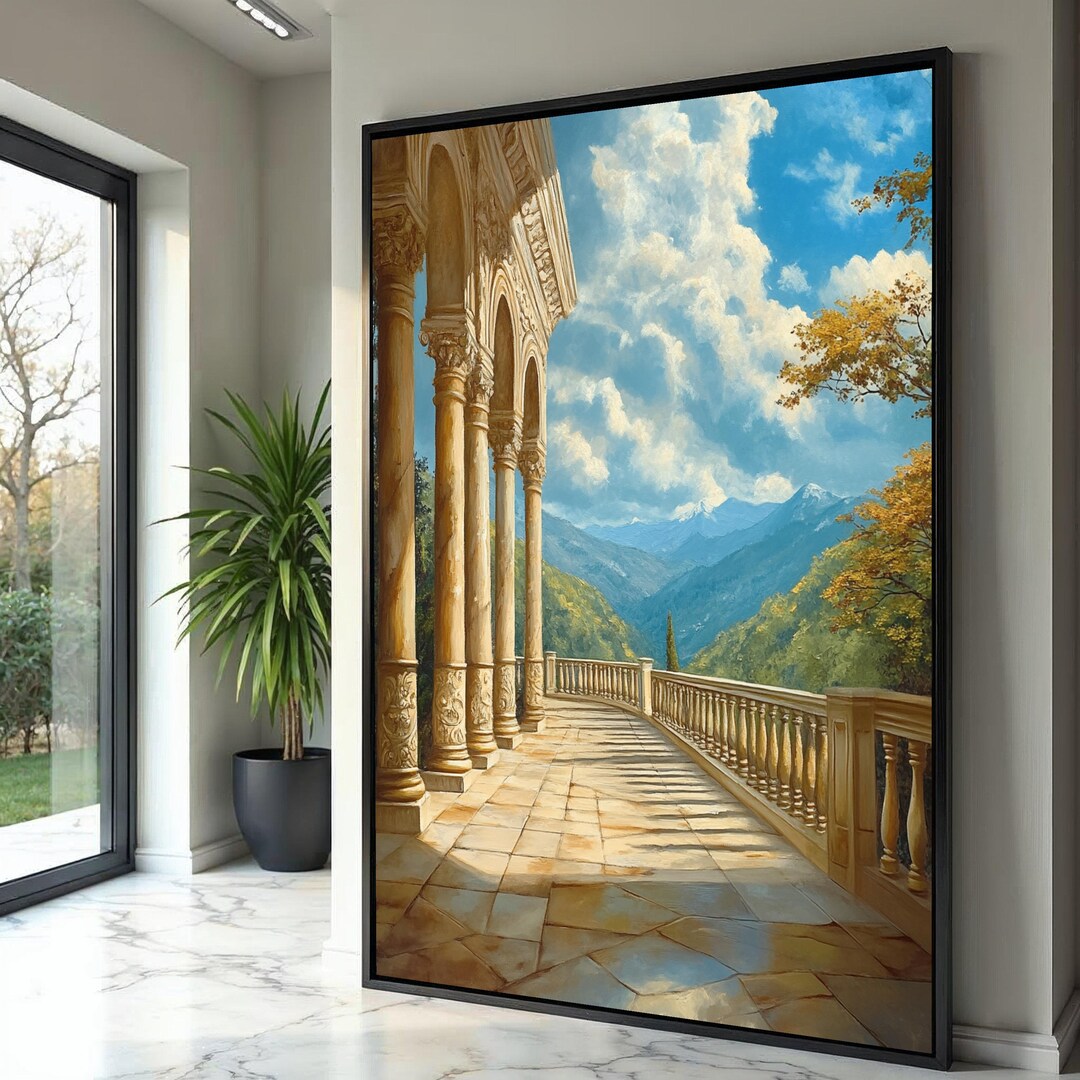Majestic Mountain View Balcony, Classic Pillars Canvas, Scenic ...