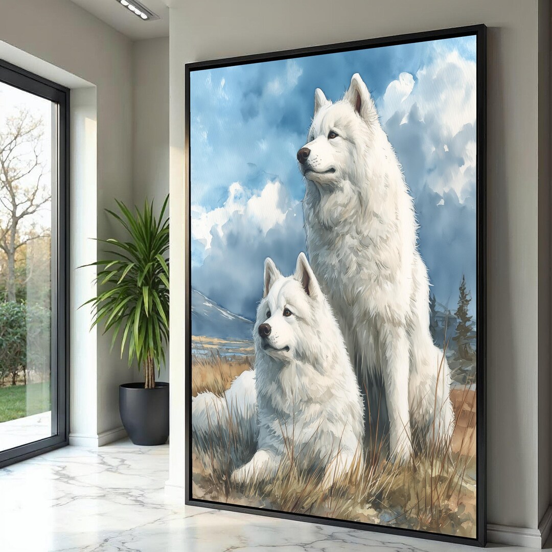 Majestic White Samoyed Dogs Canvas, Nature Pet Portrait, Arctic Wolves ...