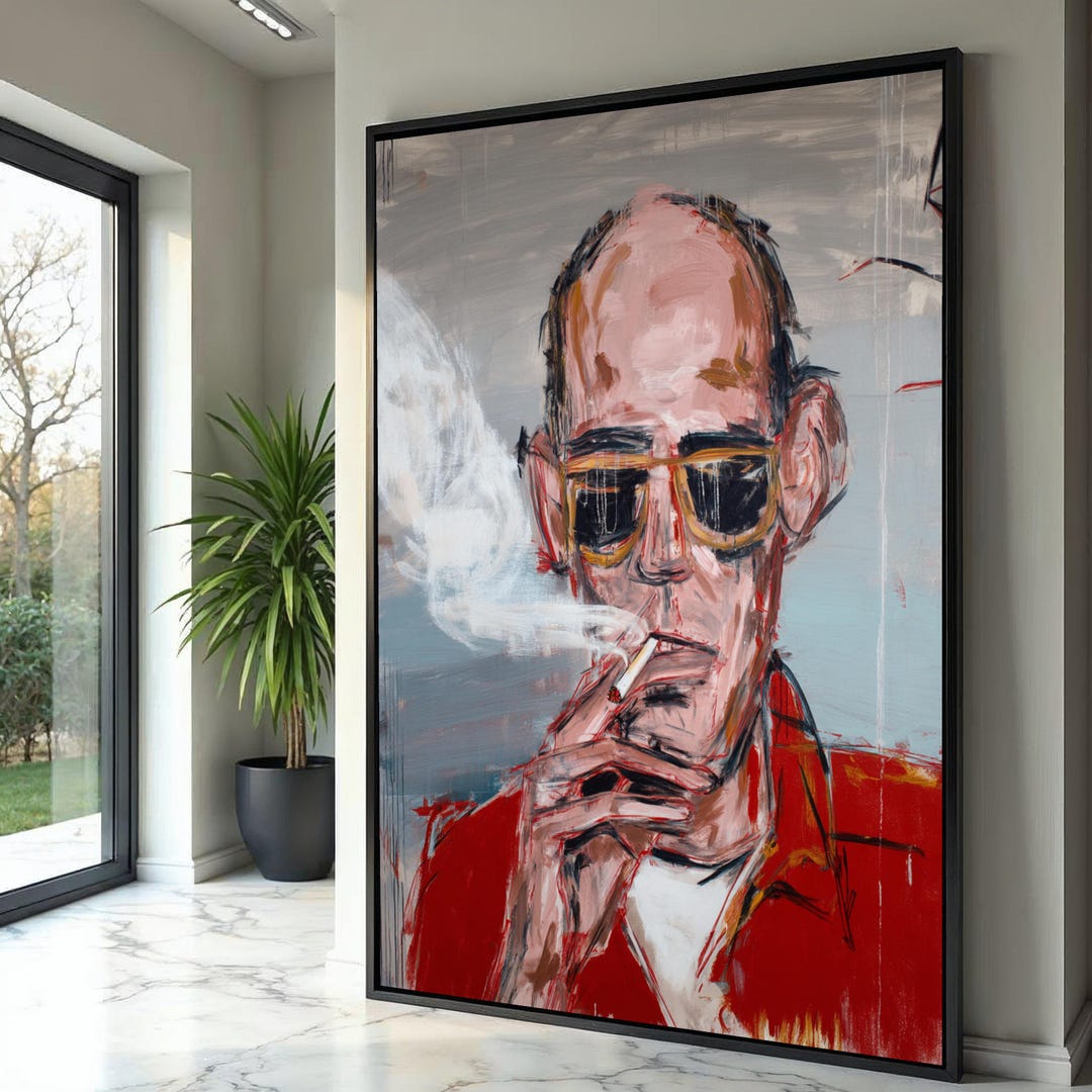 Smoking Man Canvas, Modern Expressionist Portrait, Bold Red and Gray ...