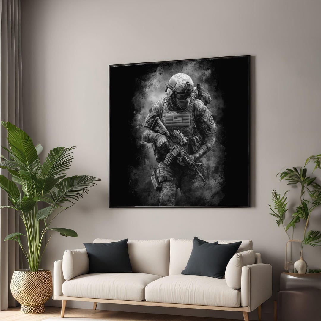 Tactical Soldier Canvas Wall Art, Military Army Combat Art, Black and ...