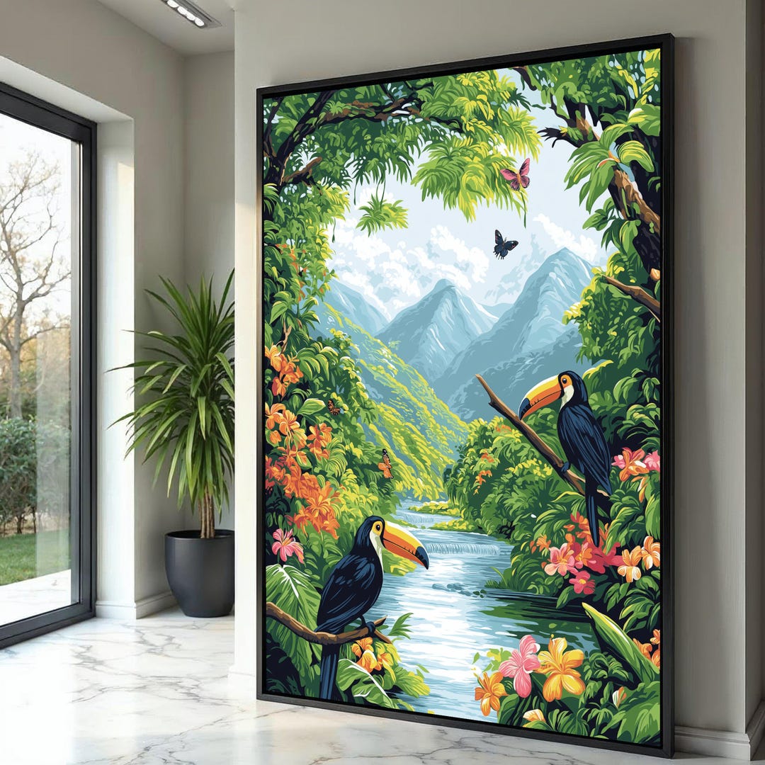 Tropical Rainforest Scene Canvas, Toucan Birds Wall Art, Exotic Jungle ...