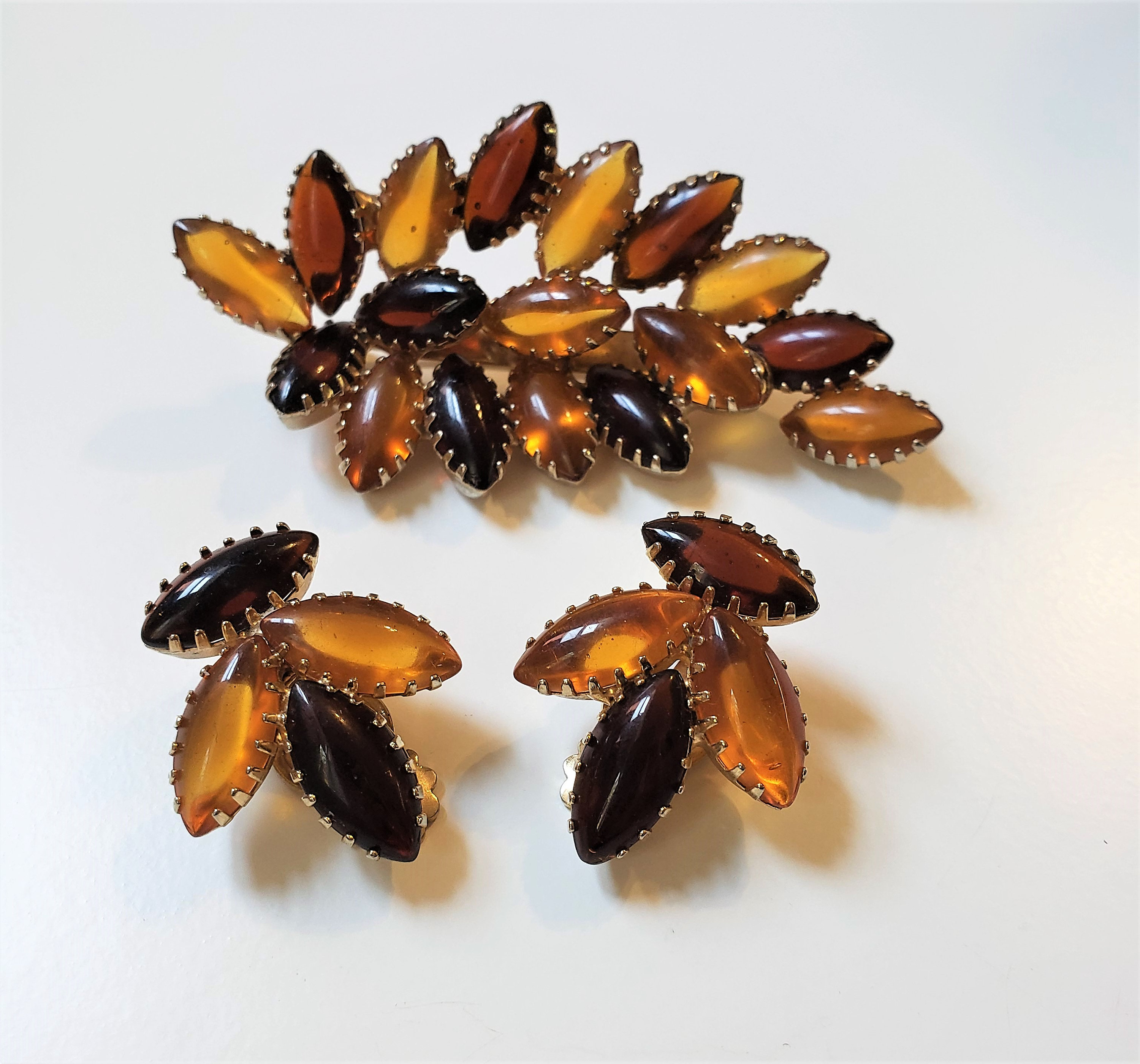 Vintage Marquise Cabochon Amber and Burgundy Rhinestone Brooch and ...