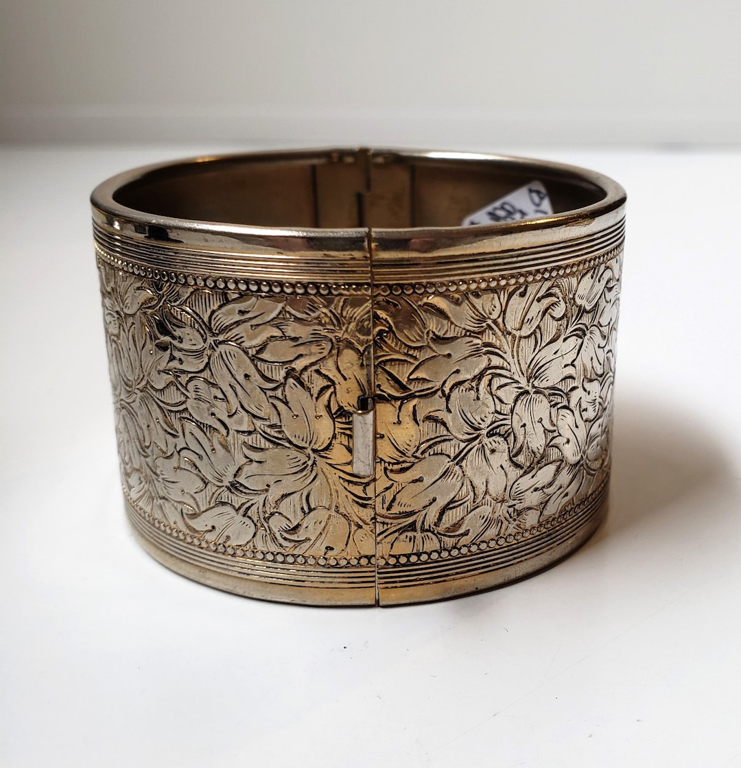 Vintage Engraved Wide Gold-tone Metal Hinged Bangle Bracelet - Etsy