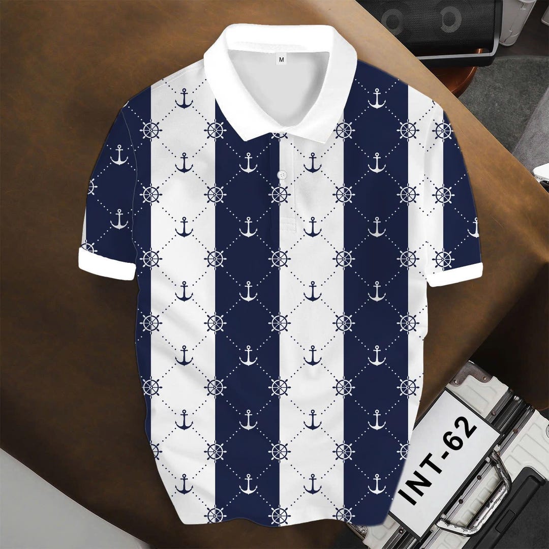 Men’s Nautical Anchor & Helm Polo Shirt – Navy Stripes, Coastal Vibes ...
