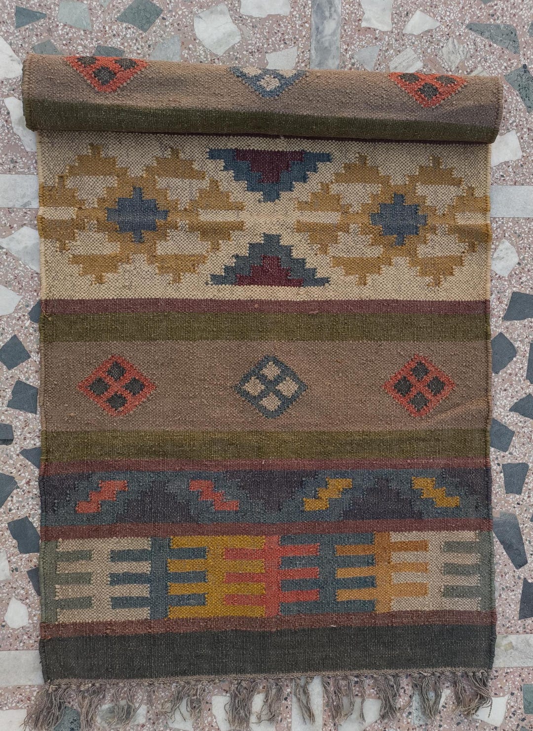 Navajo Brown Rug | Handmade Wool Jute Home Decor Rug | Moroccan Kilim ...