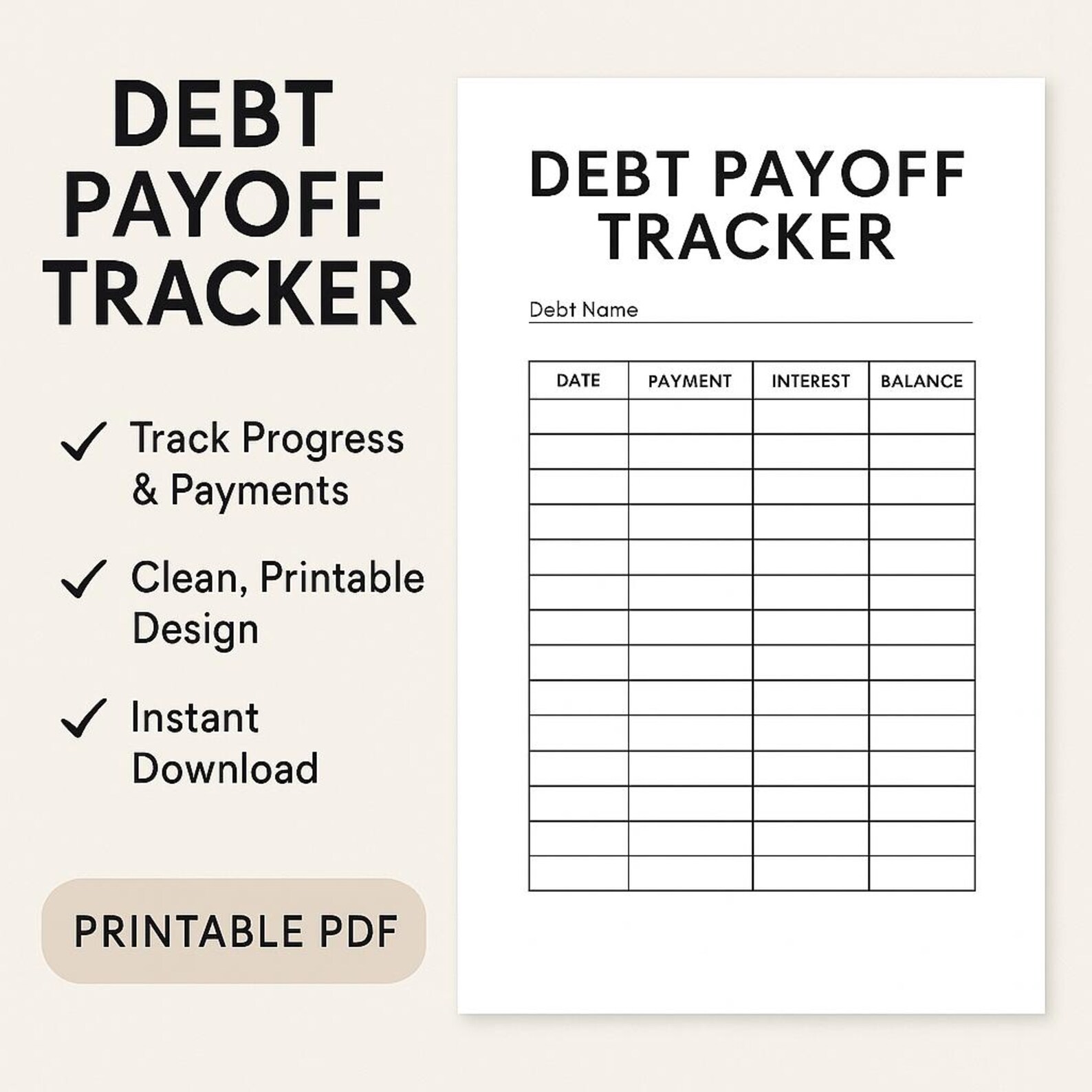 Debt Payoff Tracker Printable | Minimalist Debt Payment Log | Instant ...