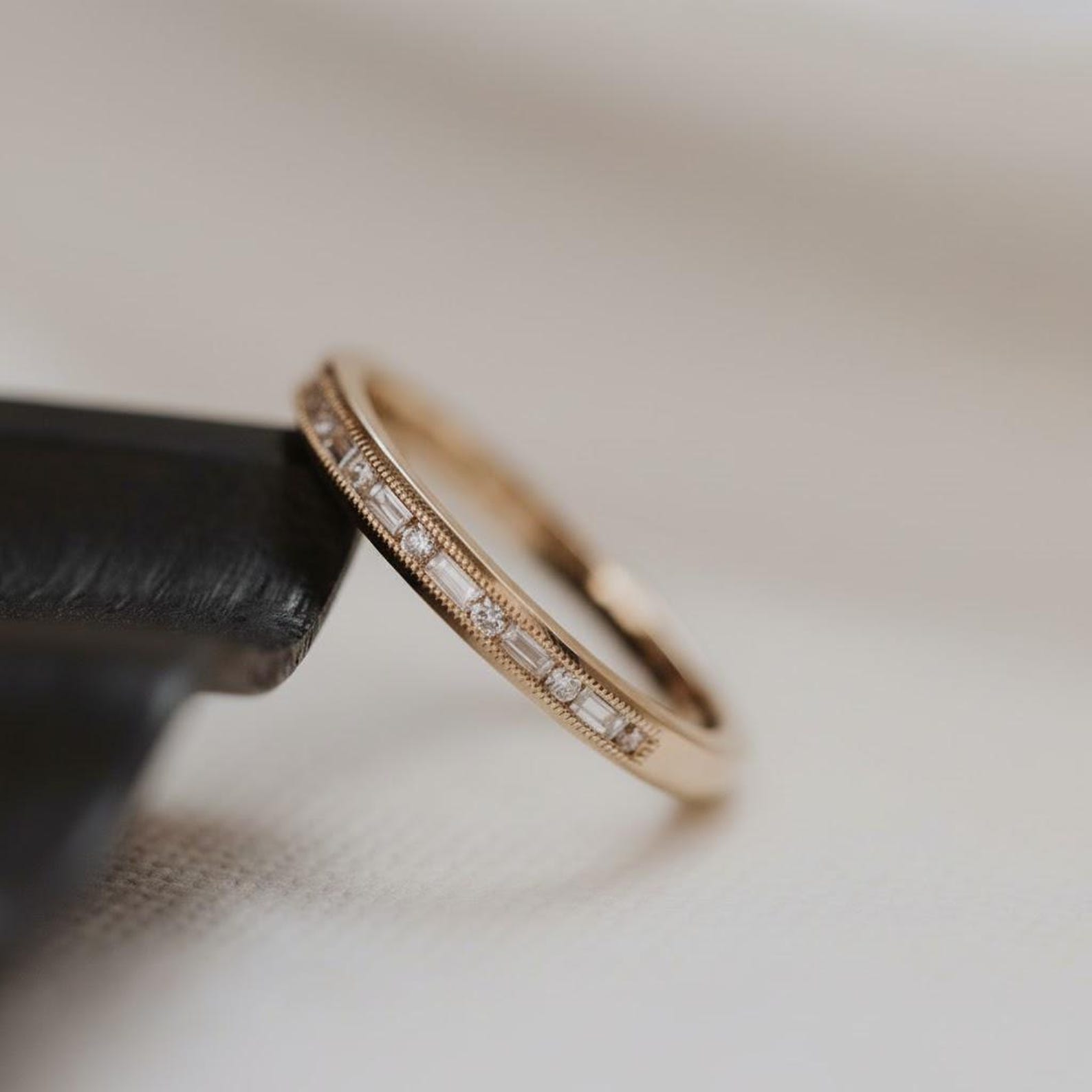 Baguette & Round Diamond Wedding Band, 14K Gold Milgrain Eternity Ring ...