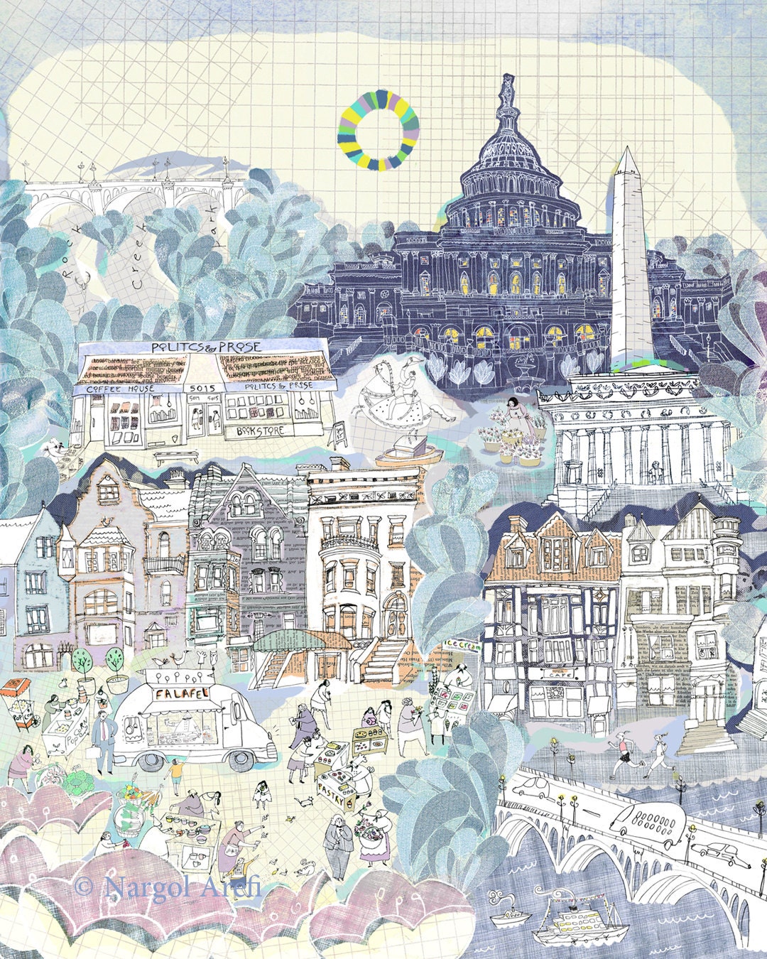 Washington DC Wall Art Print, Map, Whimsical Illustration, Nations ...