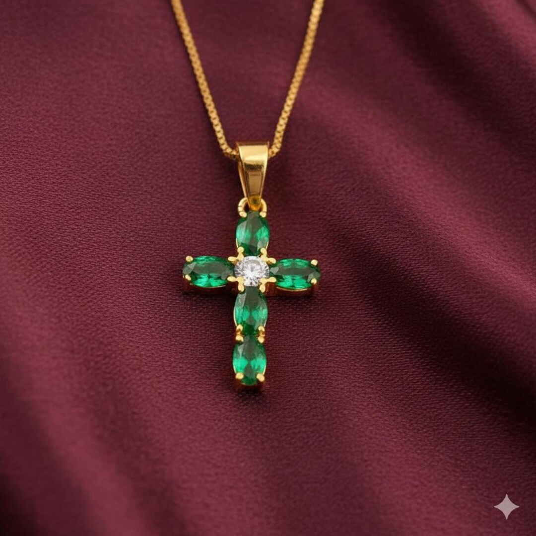 Emerald Cross Pendant Necklace: 14k White Gold Plated Sterling Silver ...